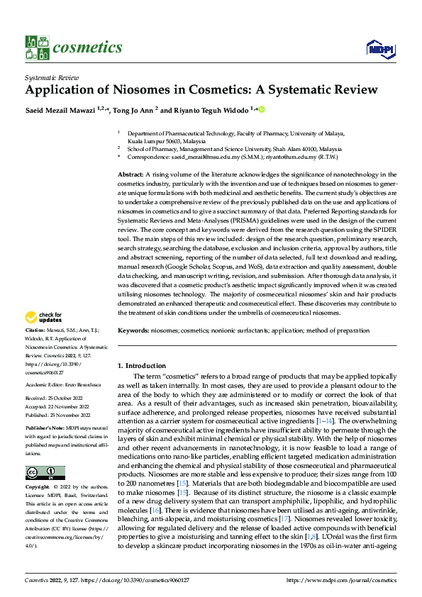 (PDF) Application of Niosomes in Cosmetics: A Systematic Review