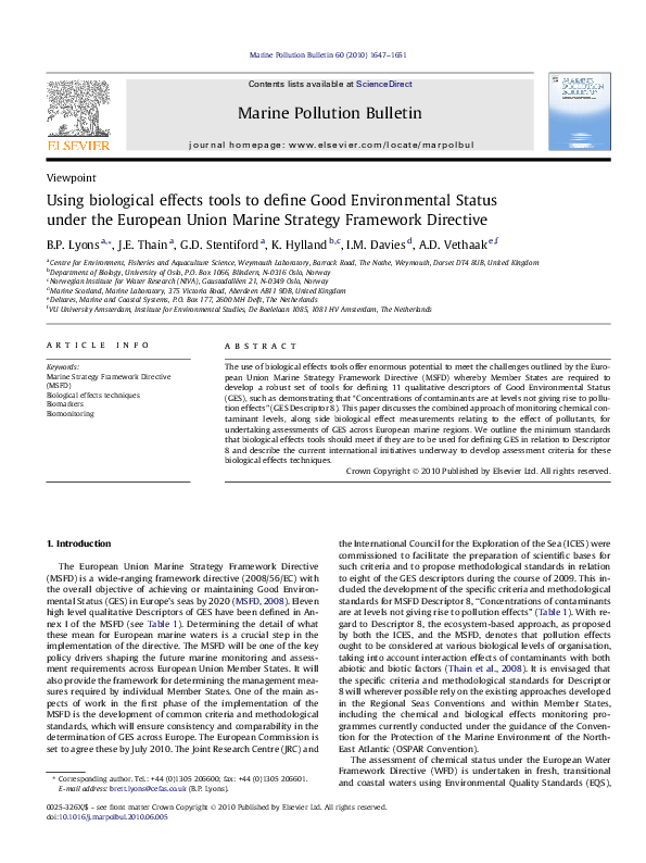 (PDF) Using biological effects tools to define Good Environmental ...