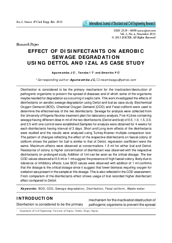 (PDF) Effect of Disinfectants on Aerobic Sewage Degradation Using ...