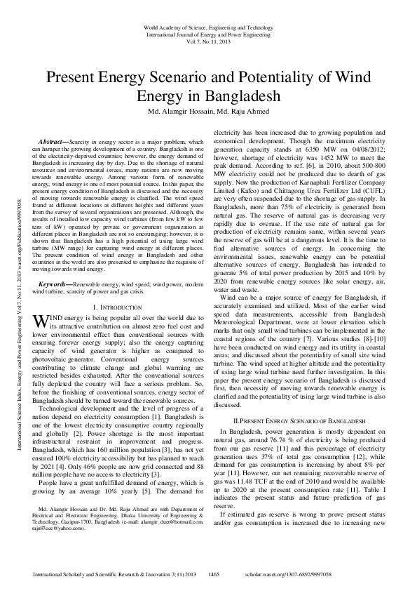 (PDF) Present Energy Scenario And Potentiality Of Wind Energy In Bangladesh