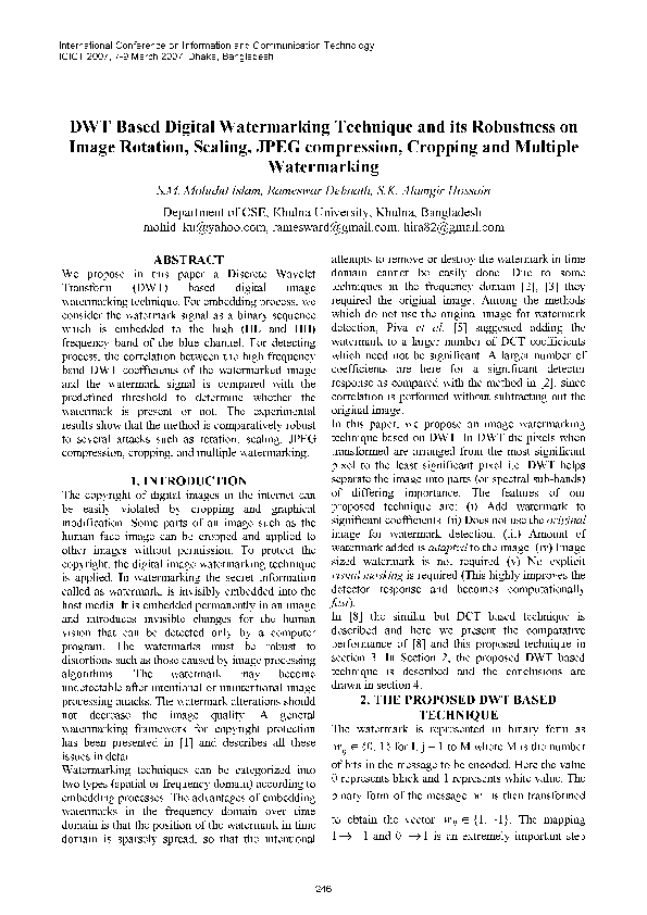 (PDF) DWT Based Digital Watermarking Technique and its Robustness on Image Rotation, Scaling ...