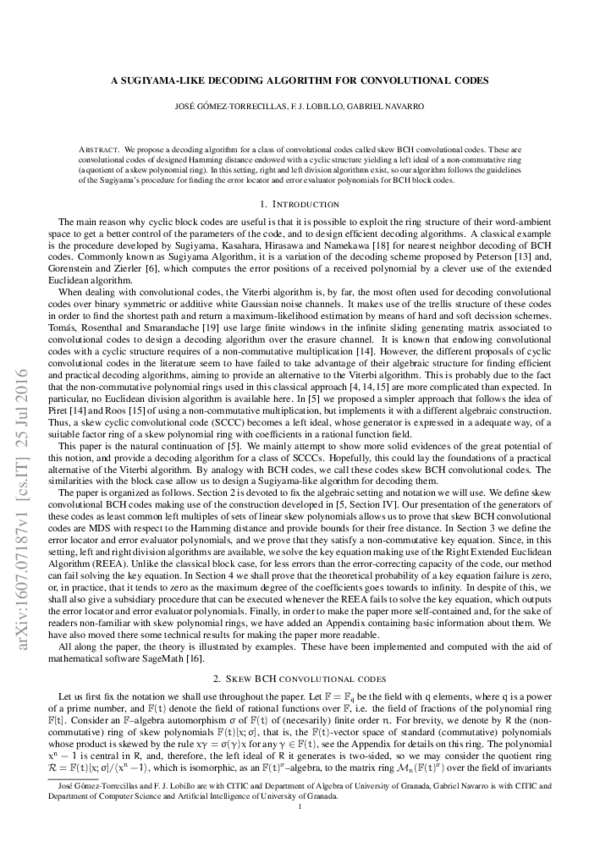 Pdf A Sugiyama Like Decoding Algorithm For Convolutional Codes José Gómez Torrecillas