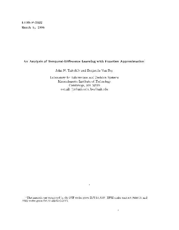Pdf An Analysis Of Temporal Difference Learning With Function Approximation