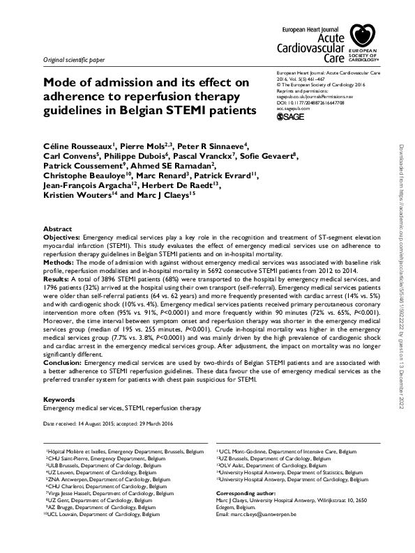 (PDF) Mode of admission and its effect on adherence to reperfusion therapy guidelines in Belgian ...