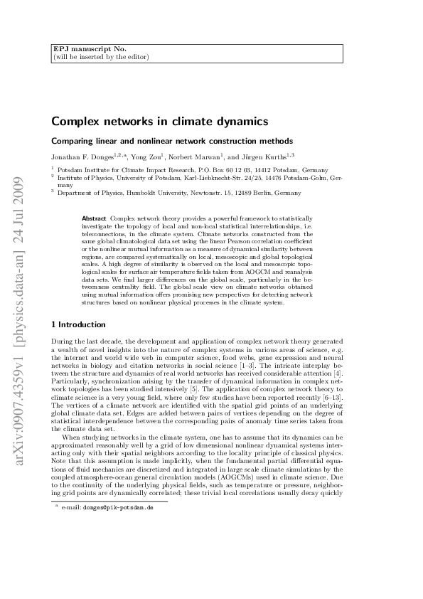 (PDF) Complex networks in climate dynamics