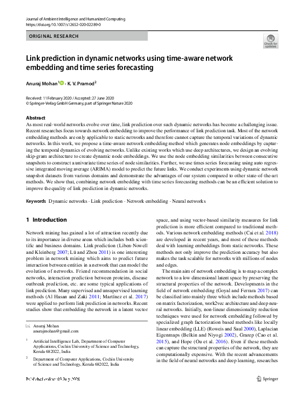 Pdf Link Prediction In Dynamic Networks Using Time Aware Network Embedding And Time Series