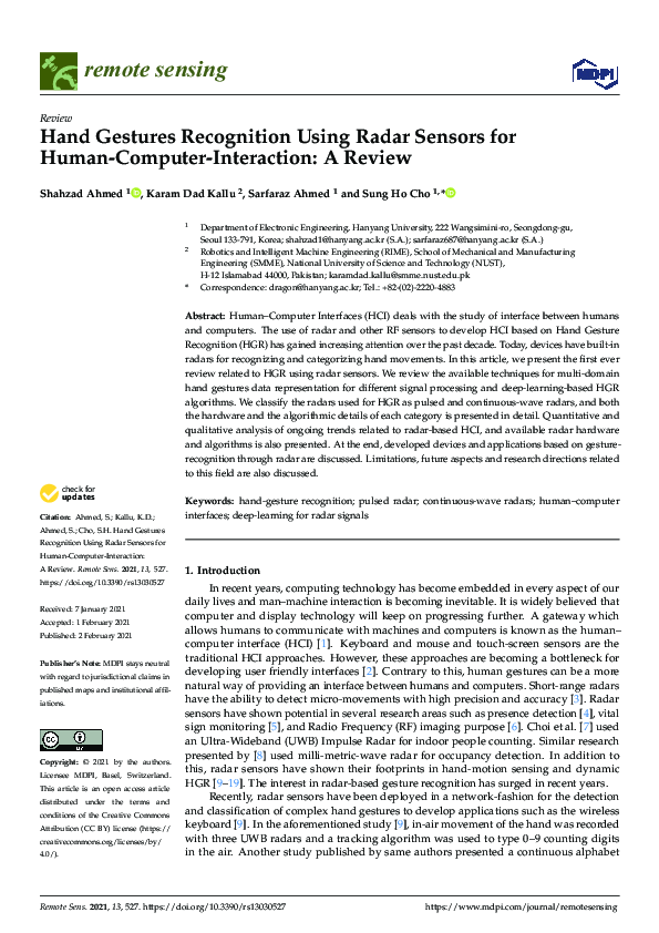 (PDF) Hand Gestures Recognition Using Radar Sensors for Human-Computer-Interaction: A Review