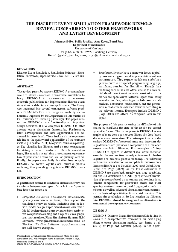 Pdf The Discrete Event Simulation Framework Desmo J Review Comparison To Other Frameworks