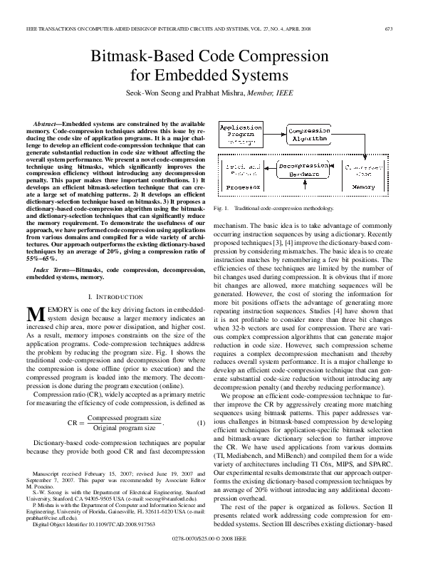 Pdf Bitmask Based Code Compression For Embedded Systems