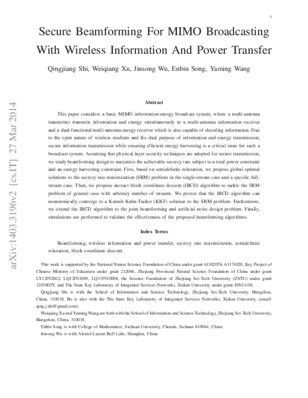 (PDF) Secure Beamforming for MIMO Broadcasting With Wireless Information and Power Transfer