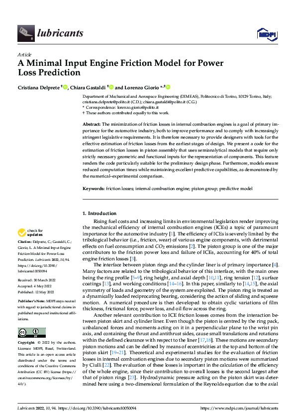 (PDF) A Minimal Input Engine Friction Model for Power Loss Prediction