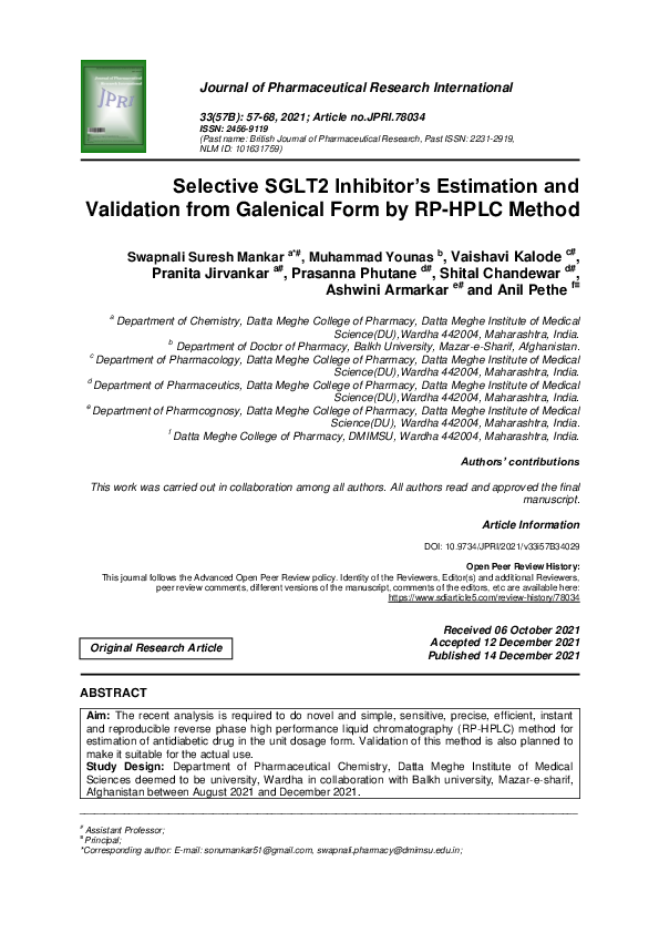(PDF) Selective SGLT2 Inhibitor’s Estimation and Validation from Galenical Form by RP-HPLC Method