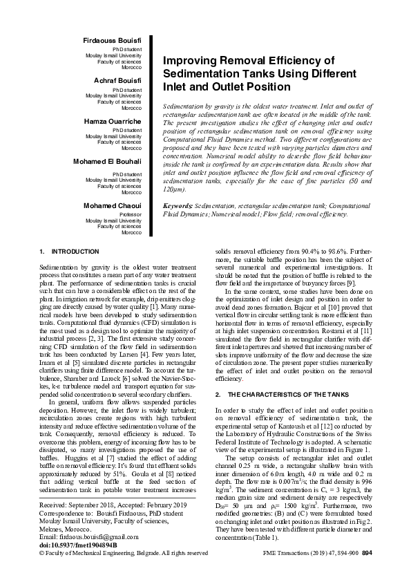 (PDF) Improving removal efficiency of sedimentation tanks using different inlet and outlet ...