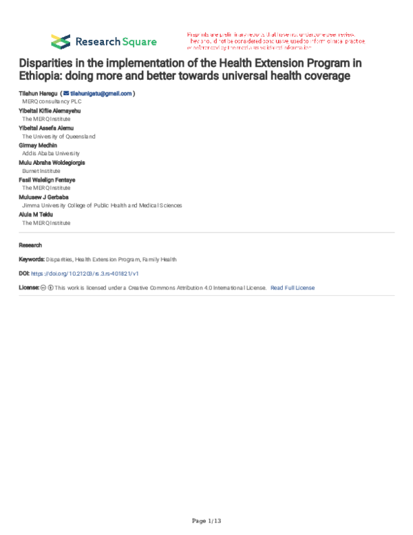 (PDF) Disparities in the implementation of the Health Extension Program ...