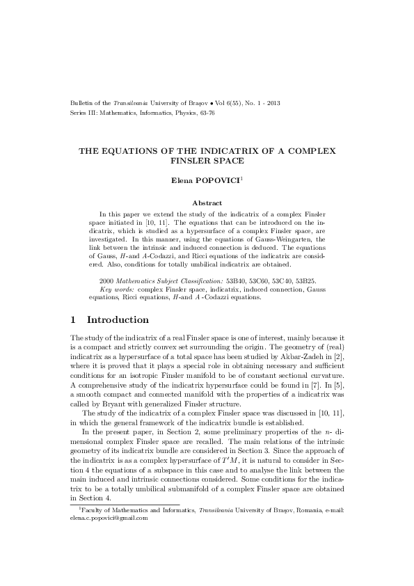 (PDF) The equations of the indicatrix of a complex Finsler space