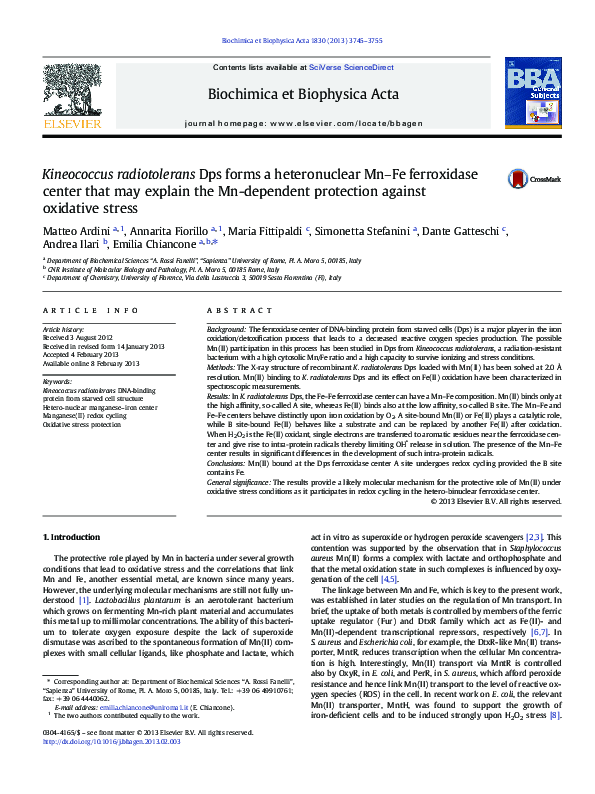 (PDF) Kineococcus radiotolerans Dps forms a heteronuclear Mn–Fe ...
