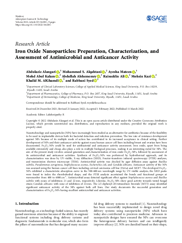 (PDF) Iron Oxide Nanoparticles: Preparation, Characterization, and Assessment of Antimicrobial ...