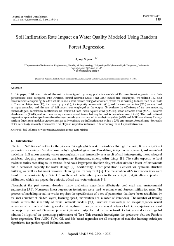 (PDF) Soil Infiltration Rate Impact on Water Quality Modeled Using Random Forest Regression