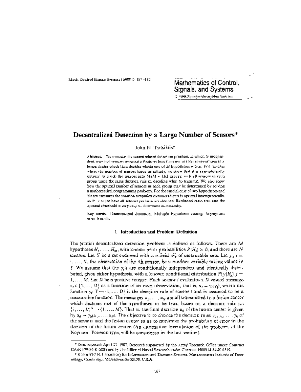 Pdf Decentralized Detection By A Large Number Of Sensors