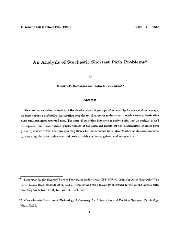 Pdf An Analysis Of Stochastic Shortest Path Problems John N Tsitsiklis