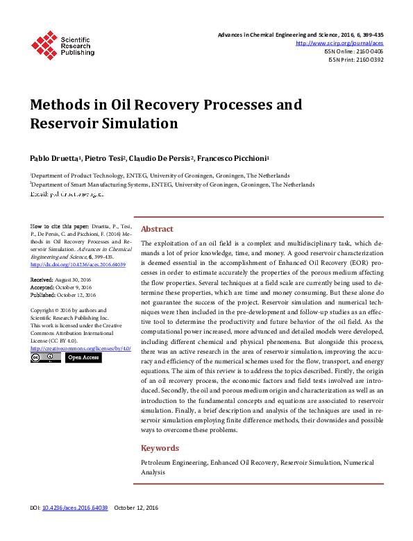 (PDF) Methods in Oil Recovery Processes and Reservoir Simulation