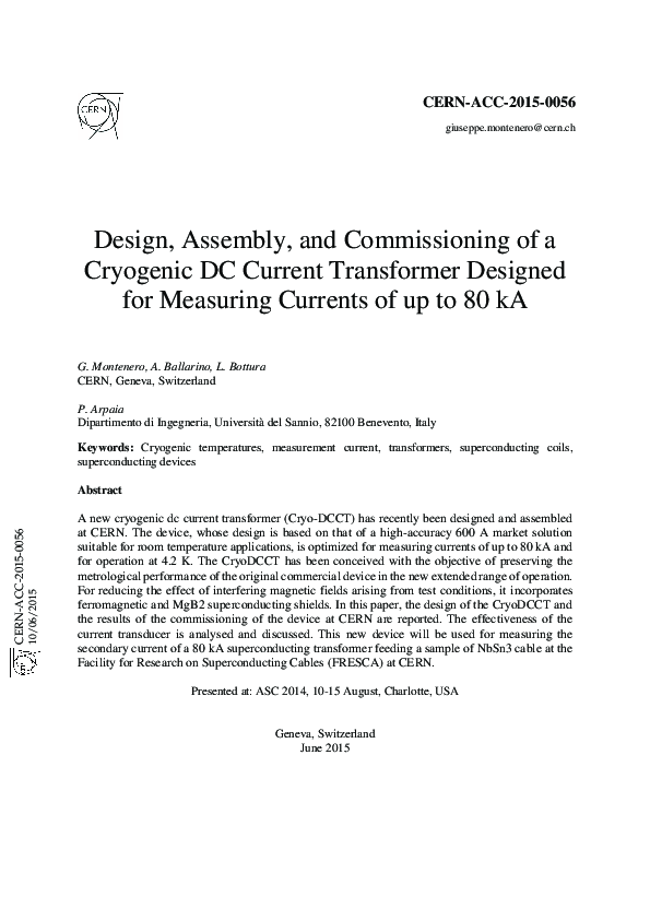(PDF) Design, Assembly, and Commissioning of a Cryogenic DC Current Transformer Designed for ...