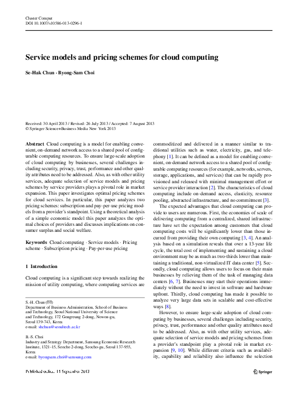 (PDF) Service models and pricing schemes for cloud computing