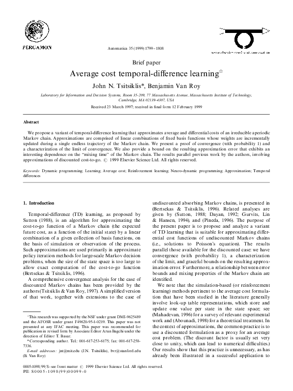 (PDF) Average cost temporal-difference learning