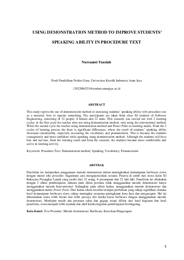 (PDF) USING DEMONSTRATION METHOD TO IMPROVE STUDENTS' SPEAKING ABILITY IN PROCEDURE TEXT