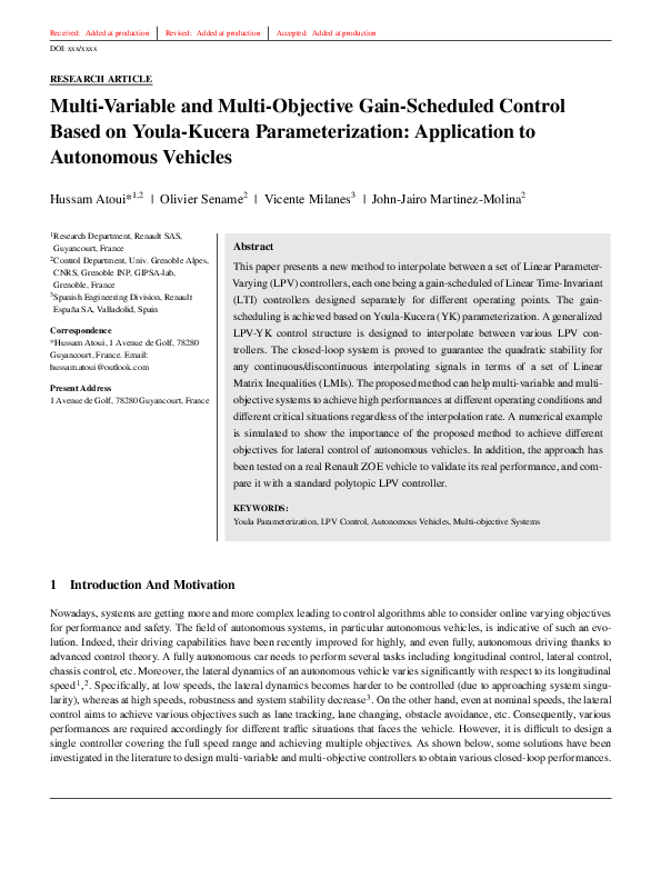 (PDF) Multi-Variable and Multi-Objective Gain-Scheduled Control Based on Youla-Kucera ...