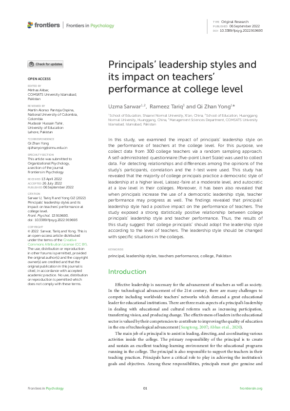 (PDF) Principals' leadership styles and its impact on teachers' performance at college level