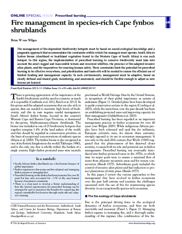 (PDF) Fire management in species‐rich Cape fynbos shrublands