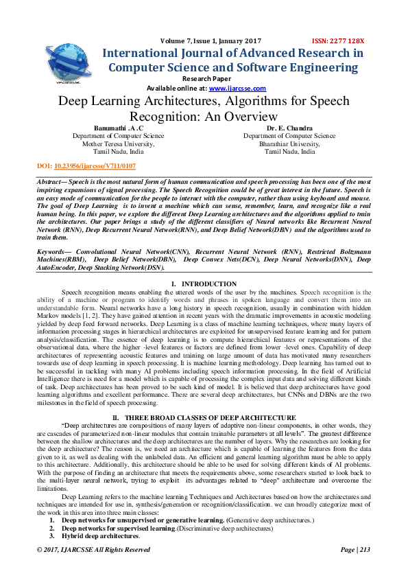 (PDF) Deep Learning Architectures, Algorithms for Speech Recognition: An Overview