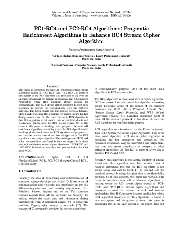 (PDF) PC1-RC4 and PC2-RC4 Algorithms: Pragmatic Enrichment Algorithms to Enhance RC4 Stream ...
