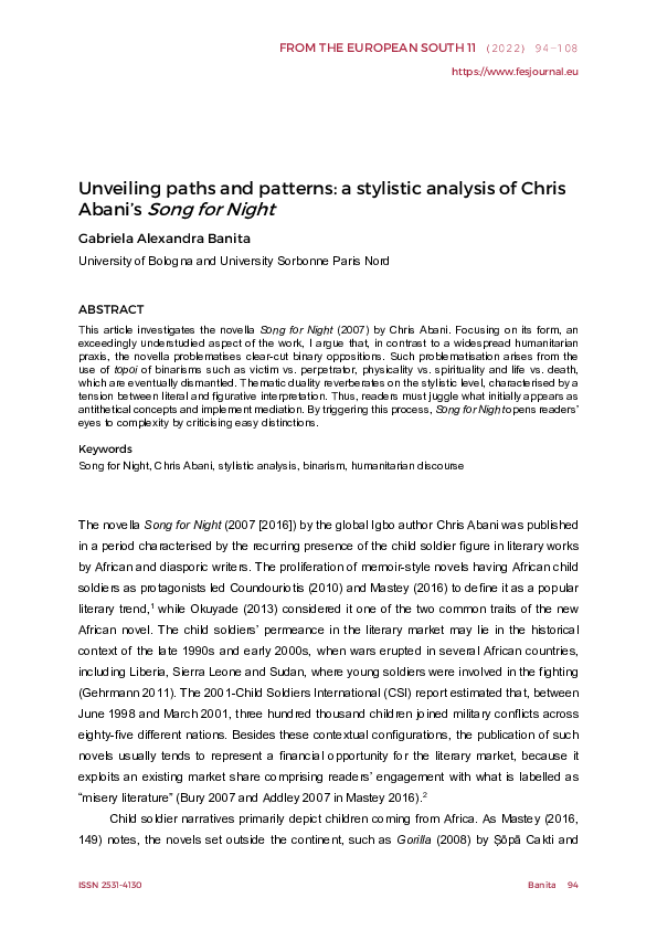 (PDF) Unveiling paths and patterns: a stylistic analysis of Chris Abani's Song for Night