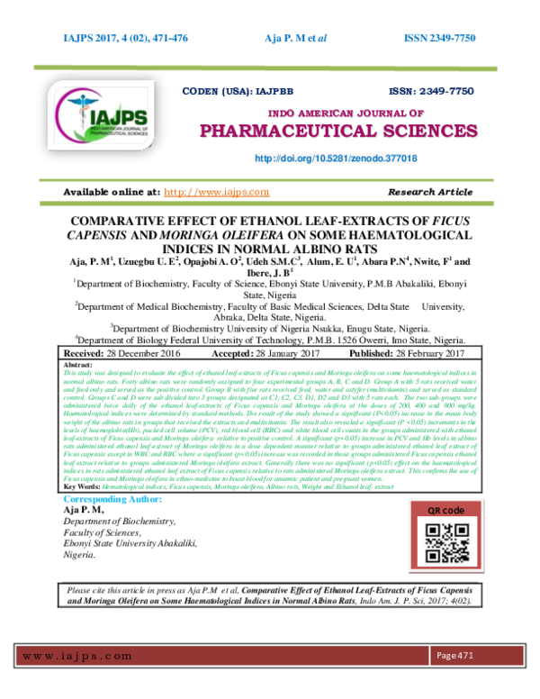 Pdf Comparative Effect Of Ethanol Leaf Extracts Of Ficus Capensis And Moringa Oleifera On Some