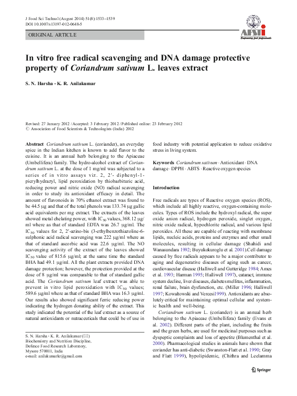 (PDF) In vitro free radical scavenging and DNA damage protective ...