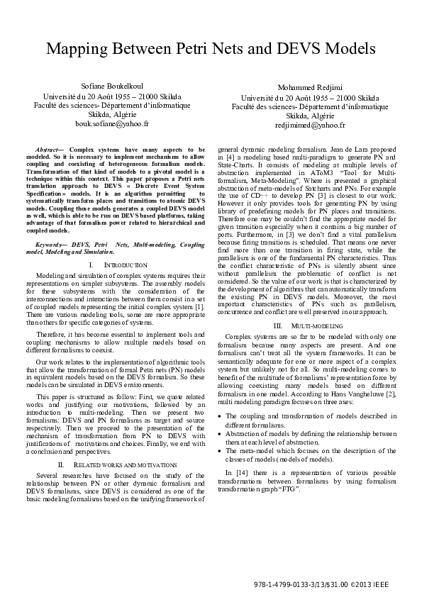 (PDF) Mapping between Petri nets and DEVS models
