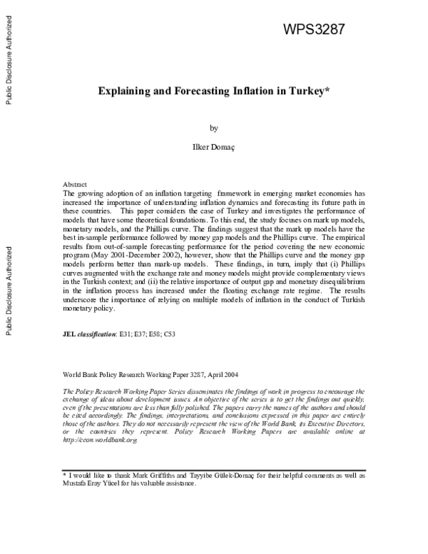 Pdf Explaining And Forecasting Inflation In Turkey