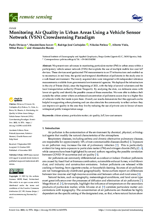 (PDF) Monitoring Air Quality in Urban Areas Using a Vehicle Sensor Network (VSN) Crowdsensing ...