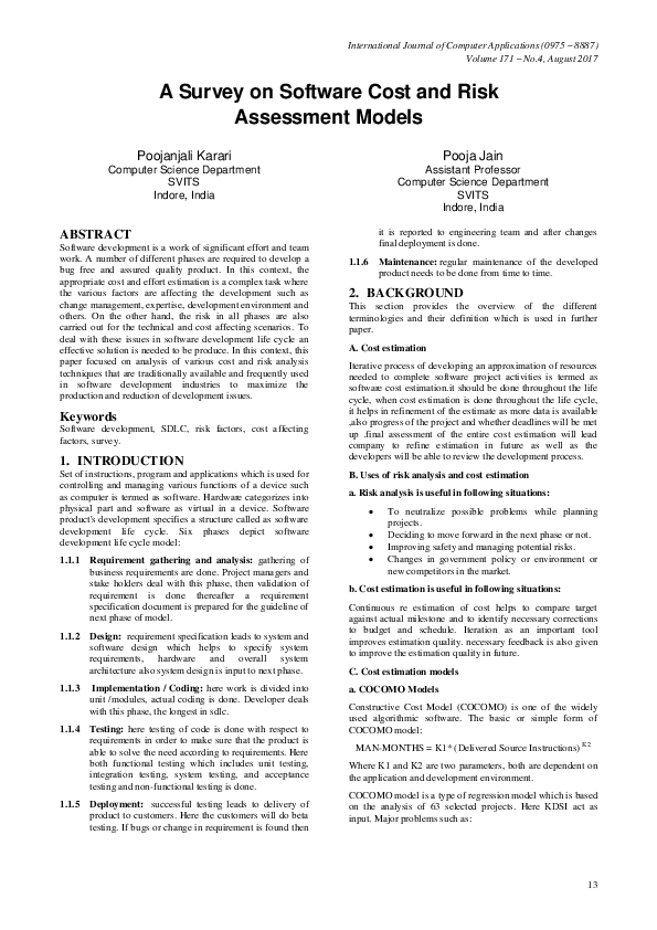 (PDF) A Survey on Software Cost and Risk Assessment Models