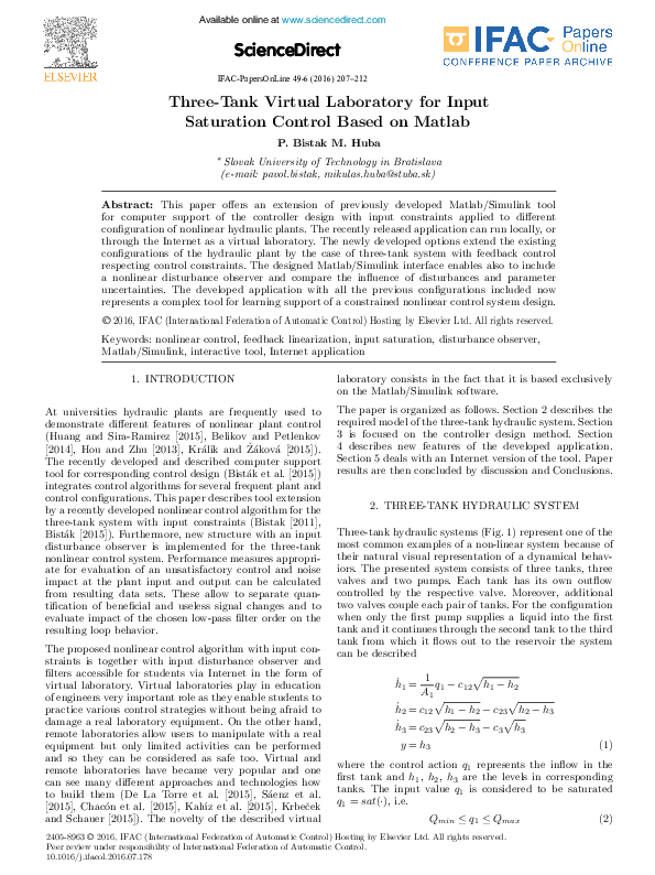 Pdf Three Tank Virtual Laboratory For Input Saturation Control Based