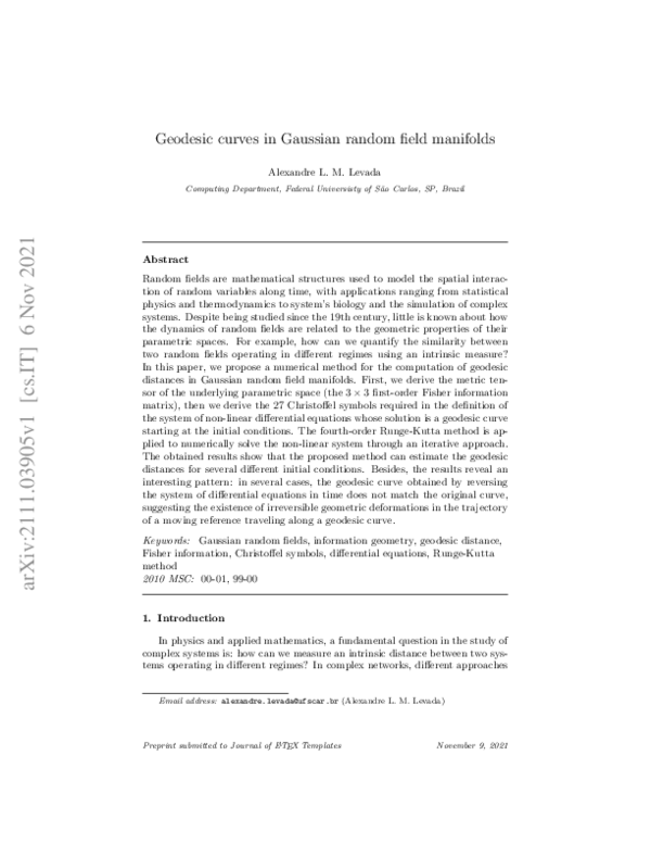 (PDF) Geodesic curves in Gaussian random field manifolds | Alexandre Levada - Academia.edu