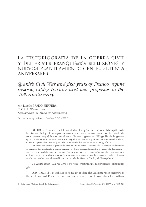 (PDF) La historiografía de la Guerra Civil y del primer Franquismo ...