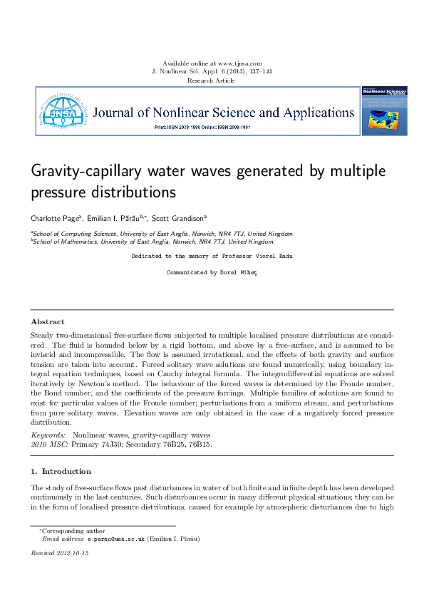 (PDF) Gravity-capillary water waves generated by multiple pressure distributions