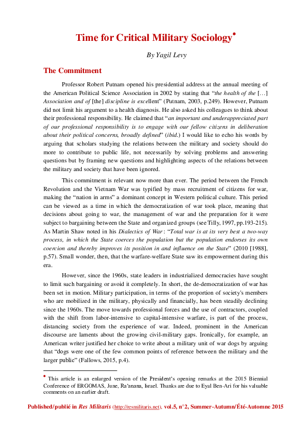 (PDF) Time for Critical Military Sociology