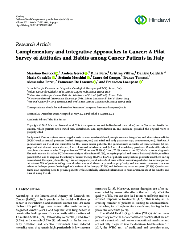 (PDF) Complementary and Integrative Approaches to Cancer: A Pilot ...