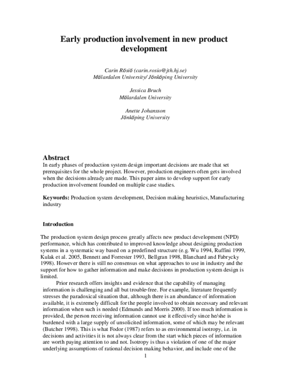 (PDF) Early production involvement in new product development