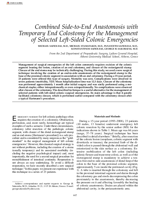 (PDF) Combined Side-to-End Anastomosis with Temporary End Colostomy for ...