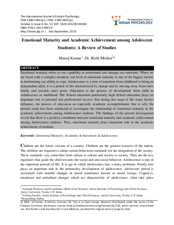 (PDF) Emotional Maturity and Academic Achievement among Adolescent ...